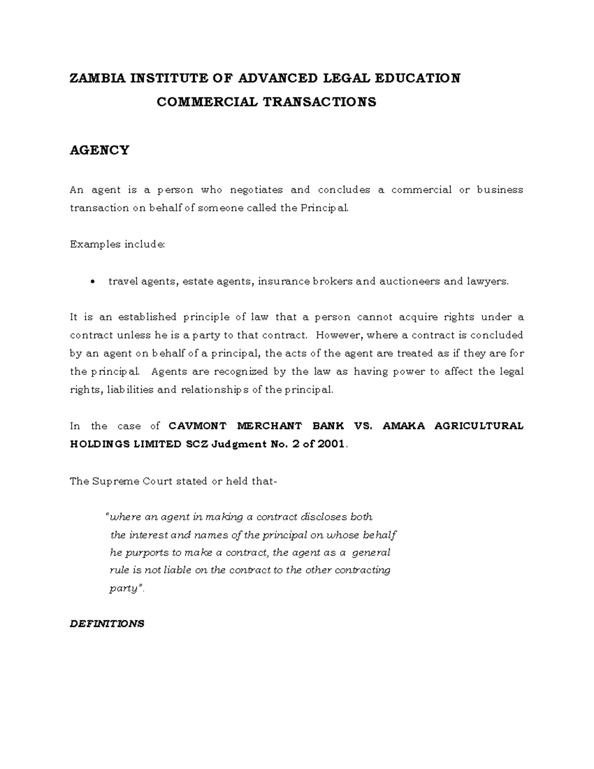 Commercial Transactions Notes on Agency - ZIALE 2023 - Studocu