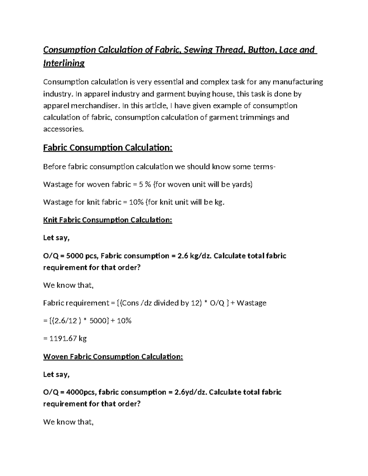 Consumption Calculation of Fabric, Thread, and Accessories - Studocu