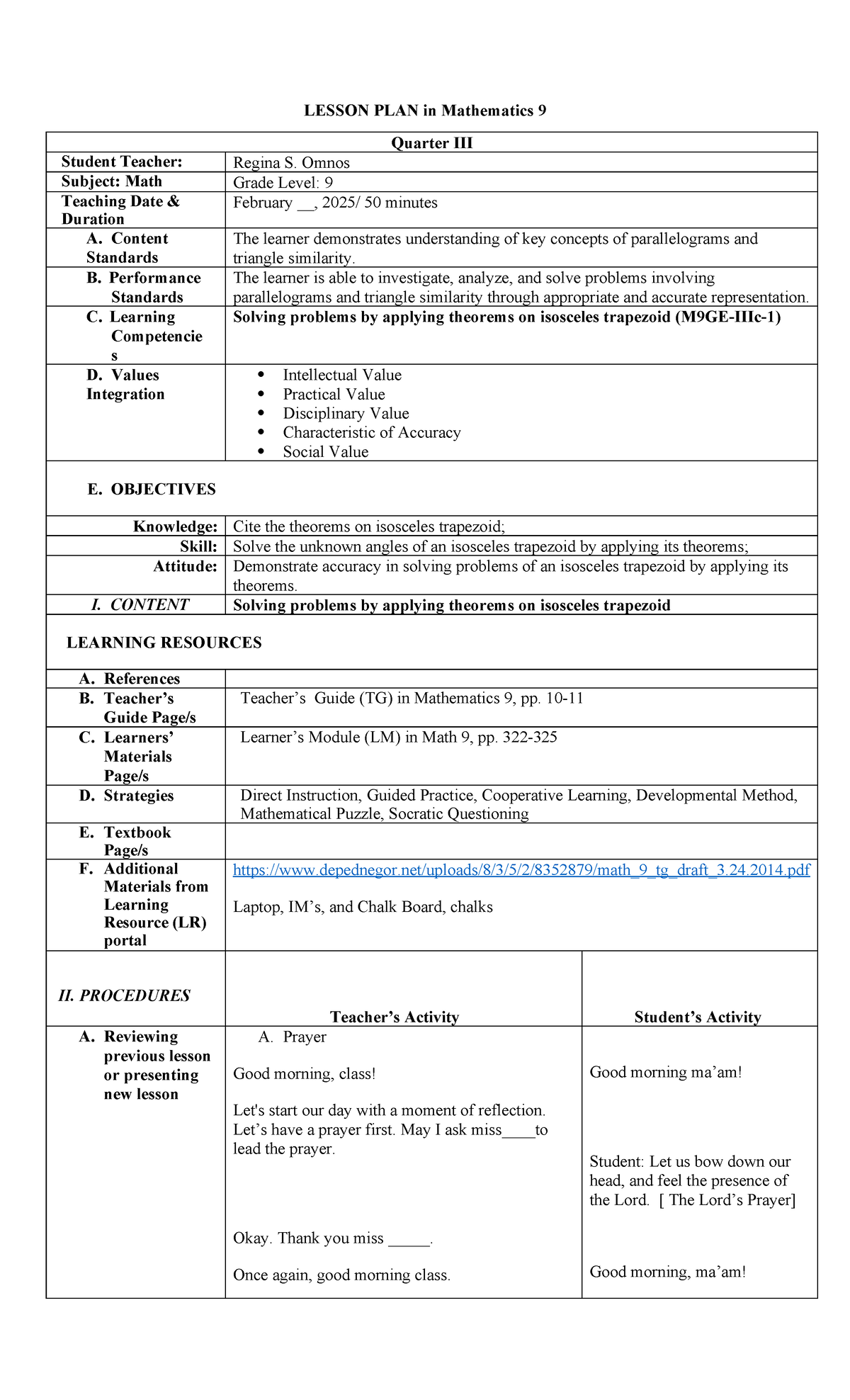 Lesson Plan on Theorems of Isosceles Trapezoid (M9GE-IIIc-1) - Studocu