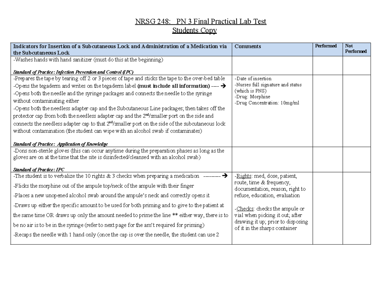 NRSG 248: PN 3 Final Practical Lab Test on Subcutaneous Lock Insertion ...