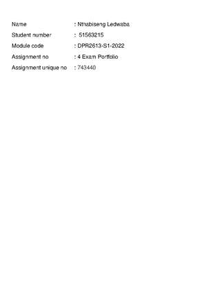 DPR2605 - assignment 1 - Name: Nontokozo Surname: Mdluli Student Number: 10622012 Module:DPR ...
