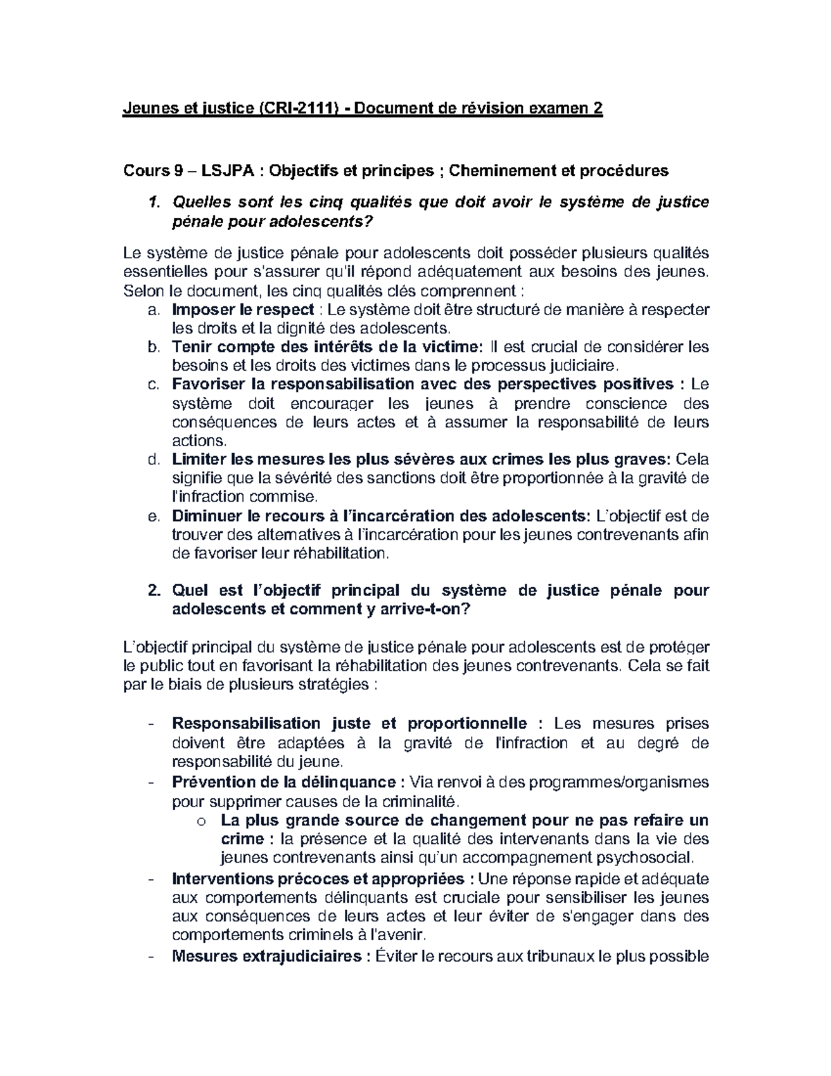 Examen 2 LSJPA : Révision sur le système de justice pour adolescents ...