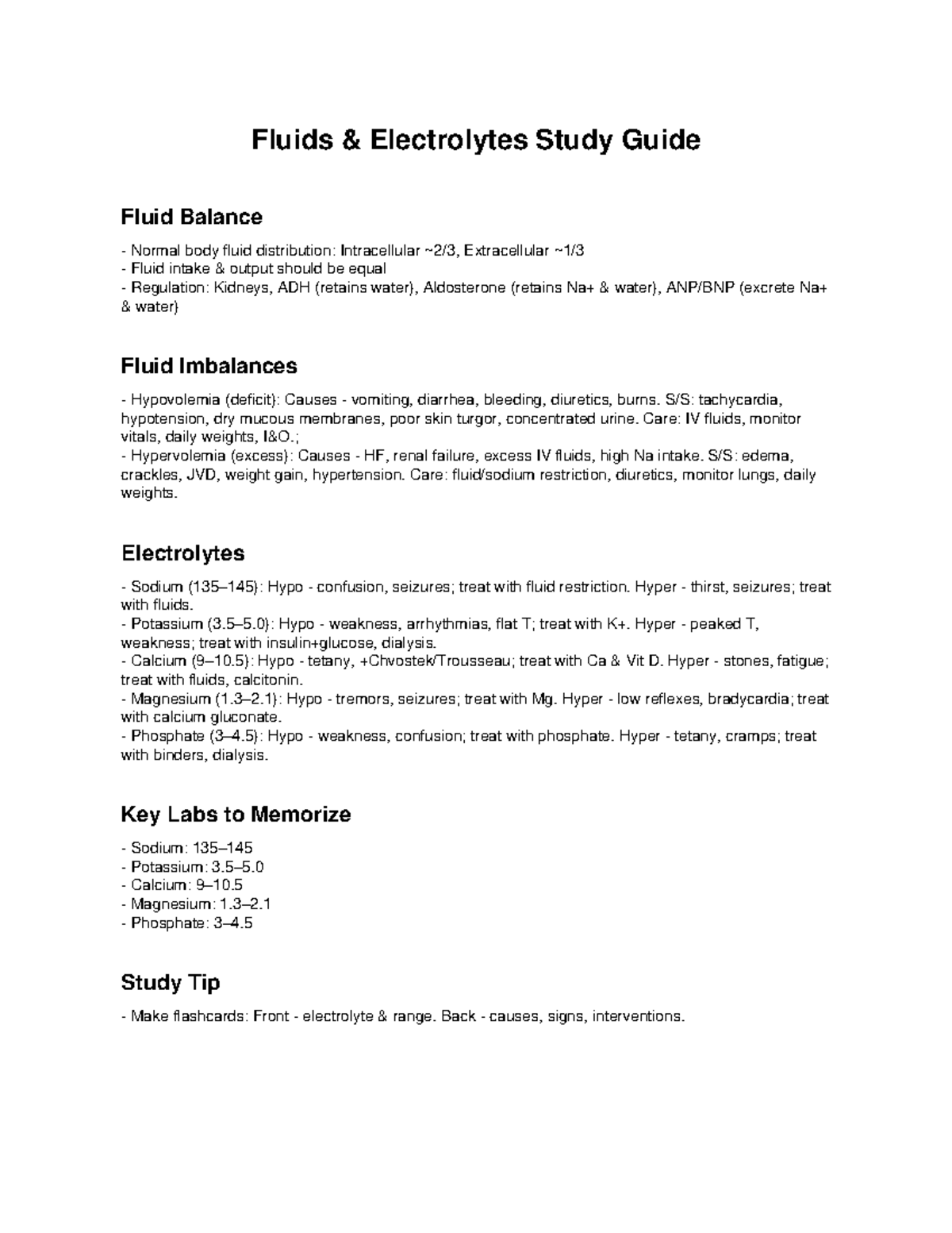 Fluids & Electrolytes Study Guide: Key Concepts & Imbalances - Studocu