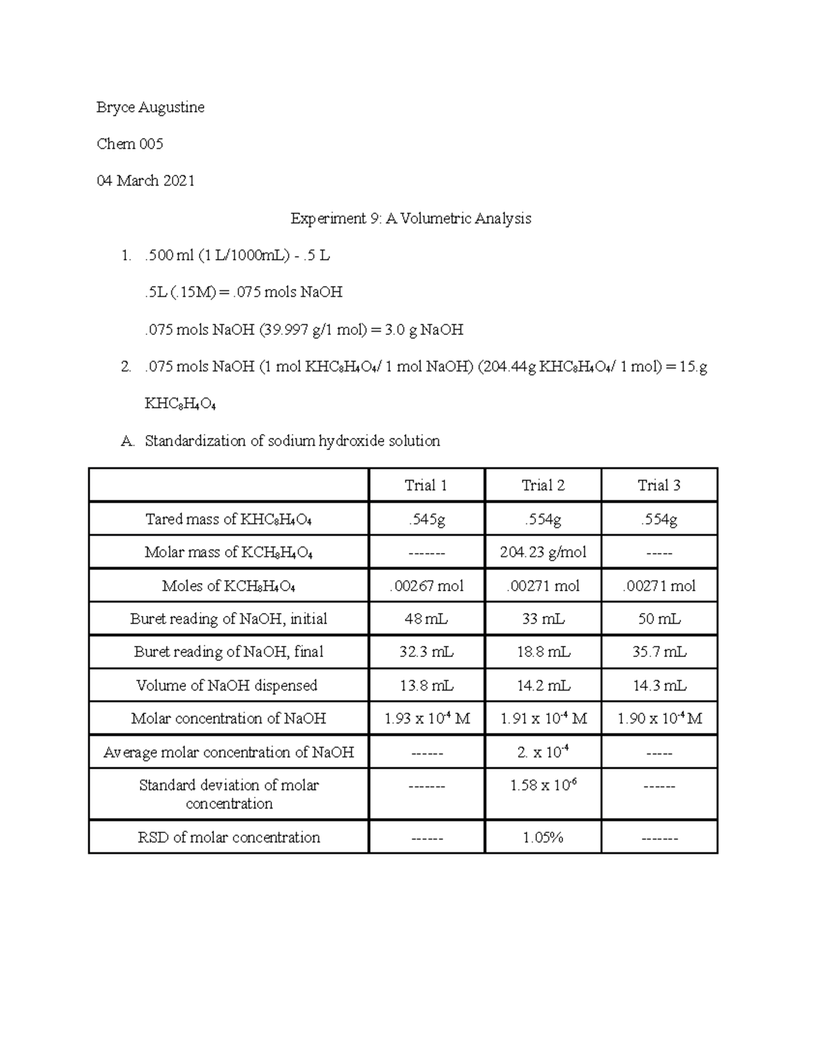 Chem 005 Experiment 9: Volumetric Analysis of Acid and Base Solutions ...