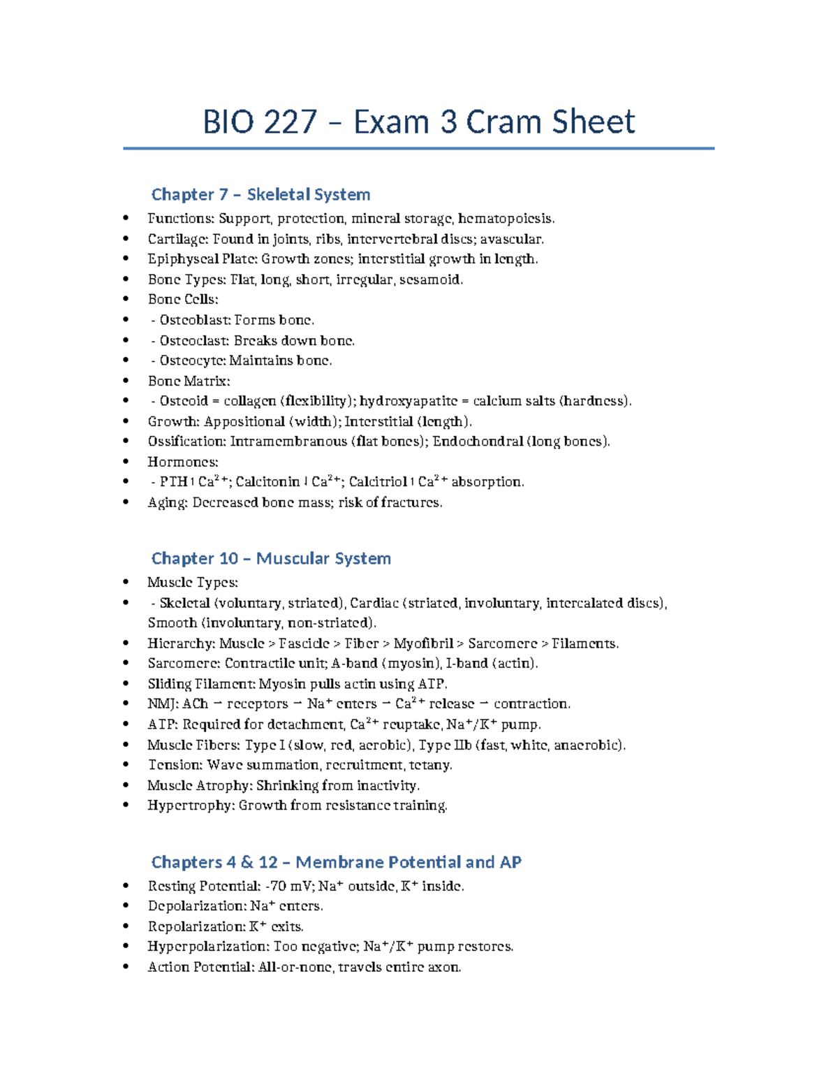 Bio 227 Exam 3 Cram Sheet Skeletal Muscular System Overview Studocu