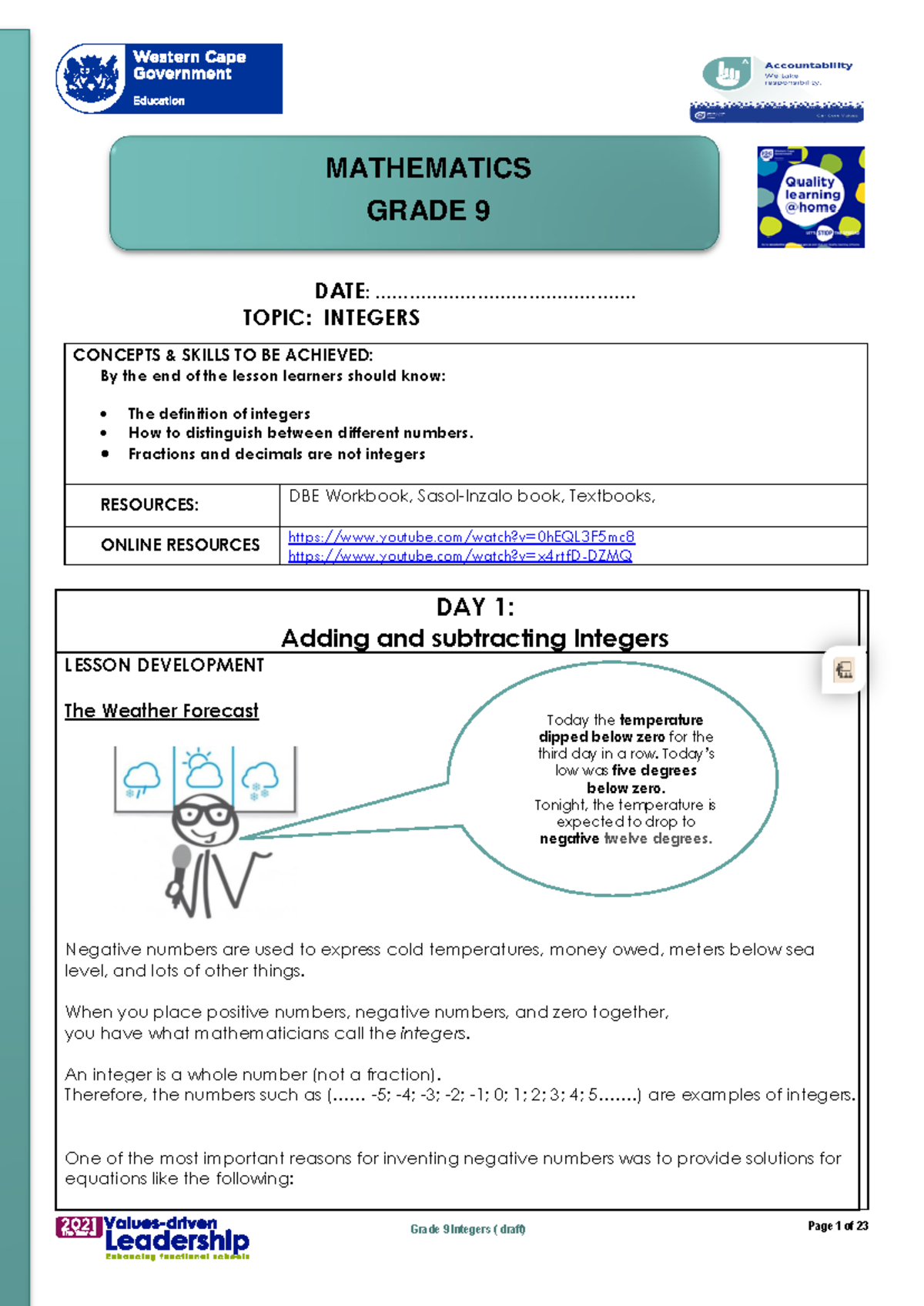 Maths Gr 9 15 19 March - Lesson plan - Page 1 of 23 DATE: - Studocu