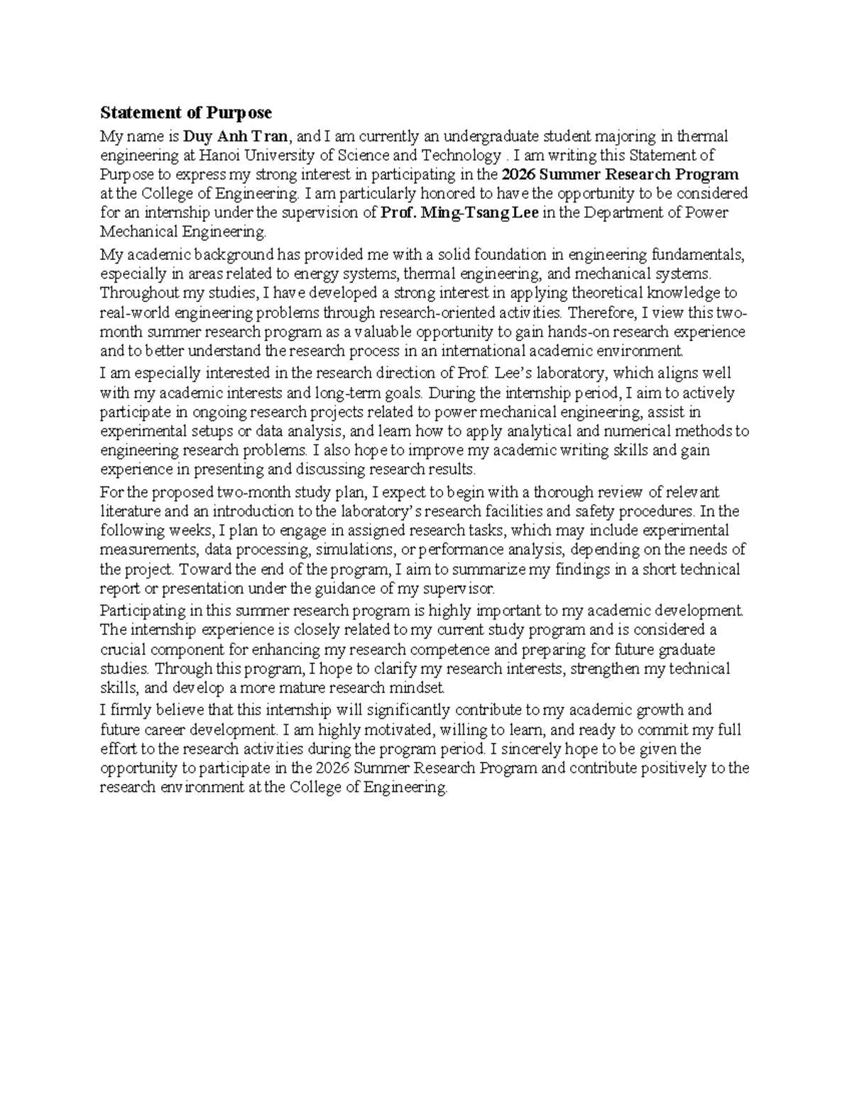 SOP for 2026 Summer Research Program in Thermal Engineering - Studocu