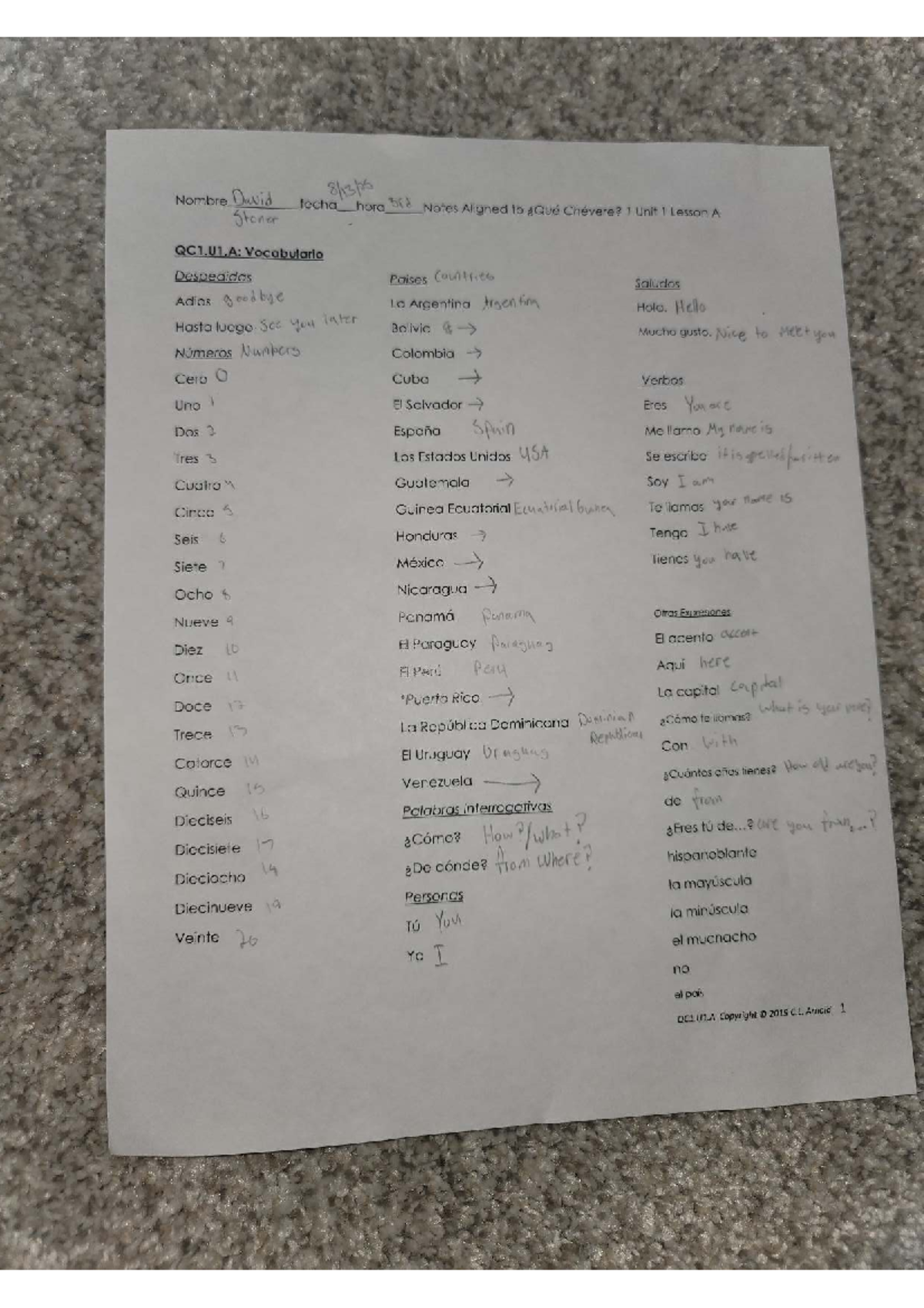 ABC123 Final Exam Study Guide: ¿Qué Chévere? 1 Unit 1 Lesson A Notes ...