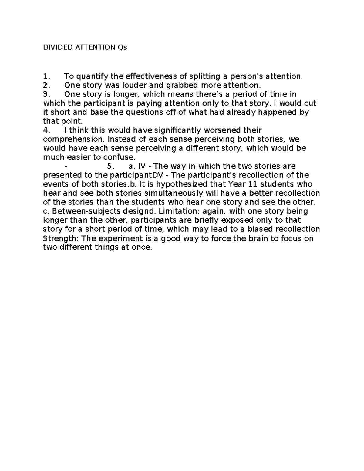Year 11 Psychology: Divided Attention Study Questions - Studocu