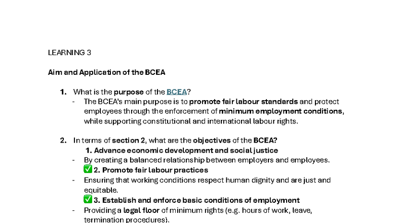 Learning 3: Overview of BCEA Objectives and Employment Conditions - Studocu