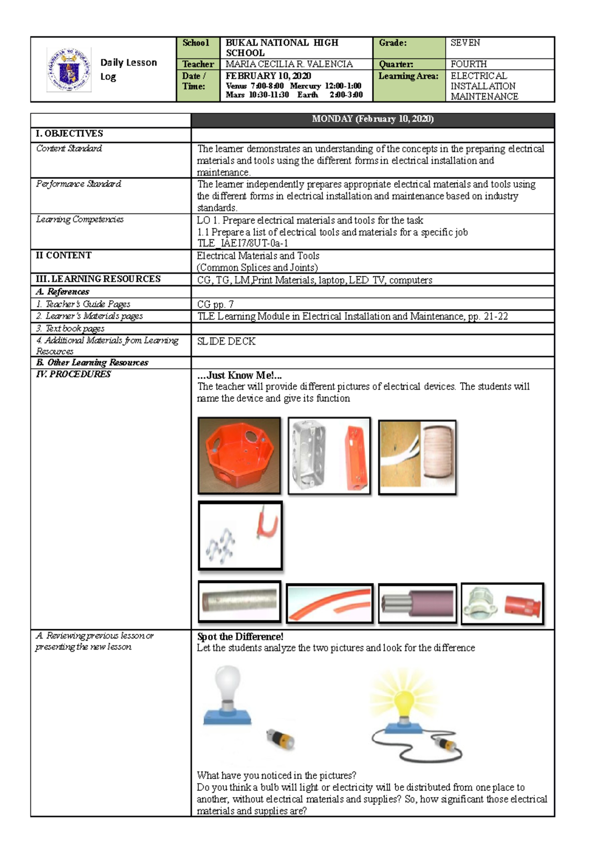 509414599 DLL TLE 7 EIM - Daily Lesson Log for Electrical Installation ...