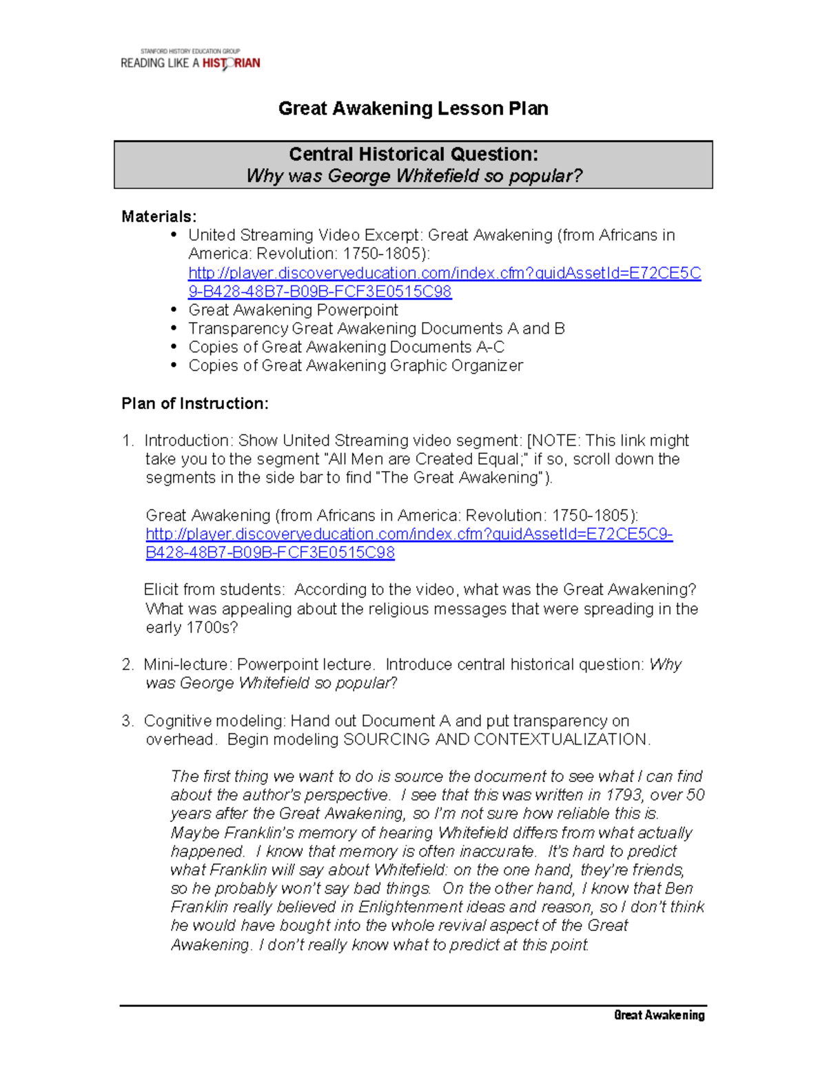 Understanding the Great Awakening: Lesson Plan on George Whitefield ...