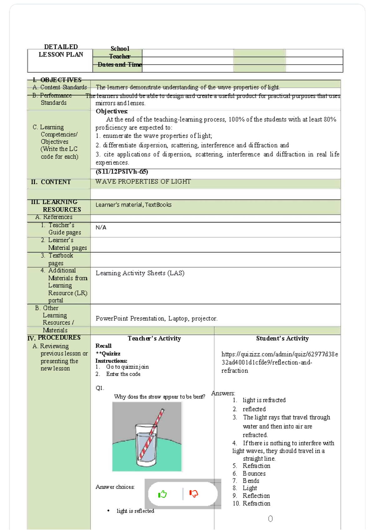 Physical Science DLP: Wave Properties of Light Lesson Plan (S11/12PSIVh-65) - Studocu
