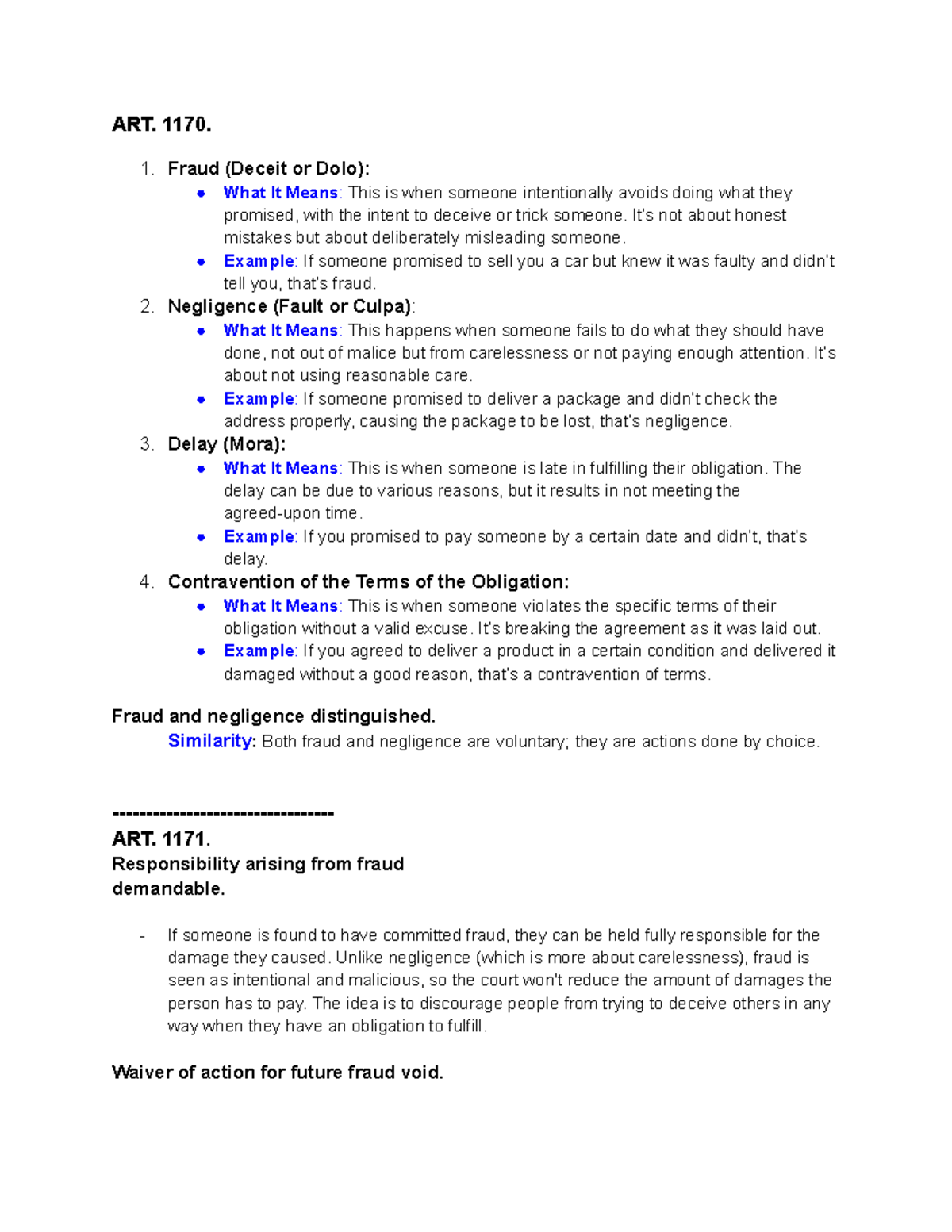 Prelim Oblicon Notes: Understanding Fraud, Negligence, and Liability ...