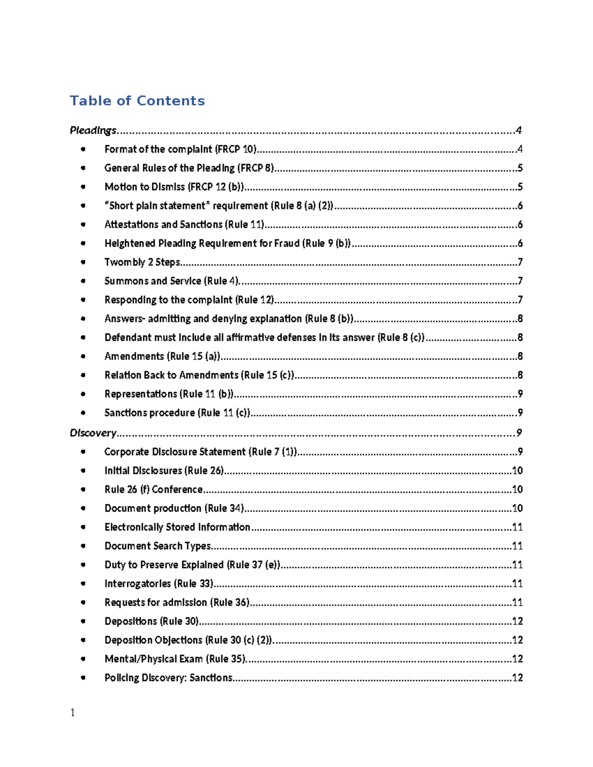 Civ Pro Outline: Key Rules and Procedures for Pleadings and Discovery ...