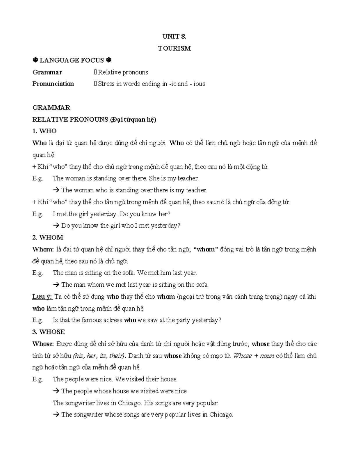UNIT 8: Tourism - Grammar & Pronunciation Focus - Studocu