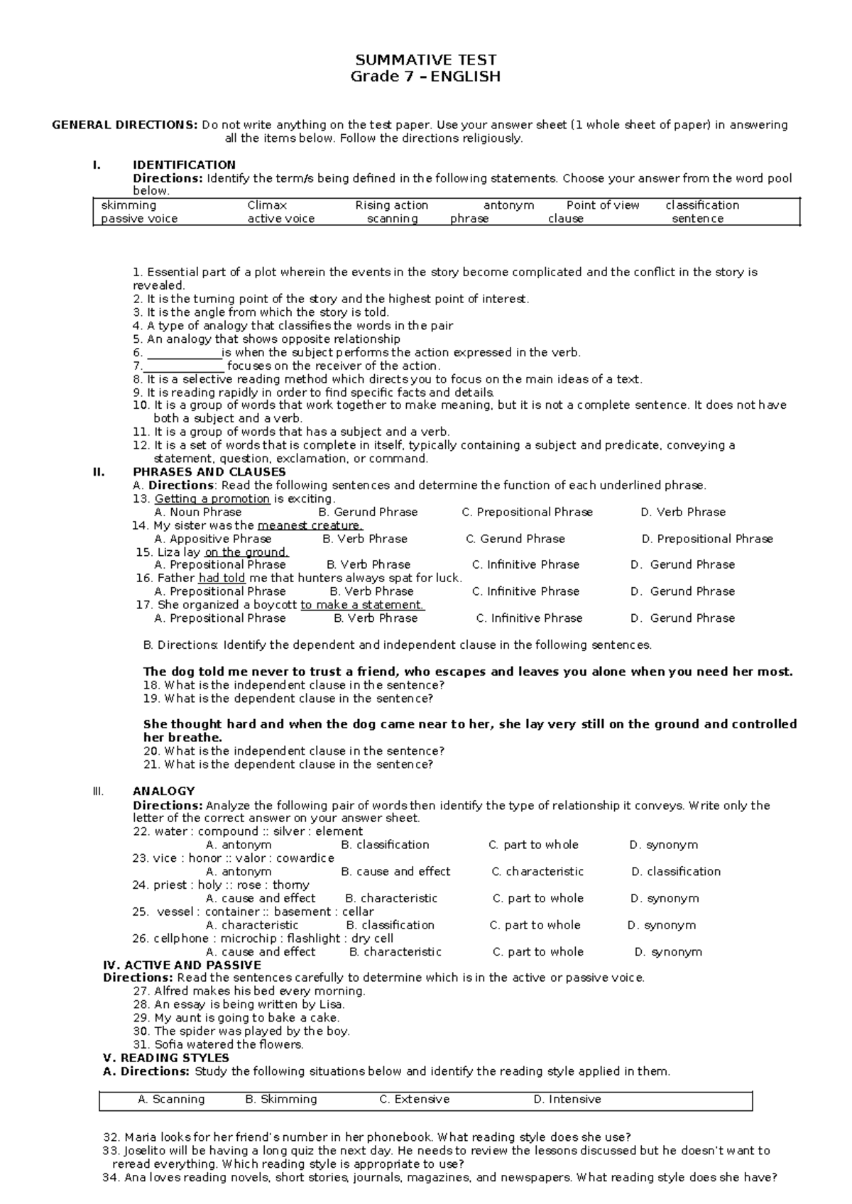 Grade 7 English Summative Test: Key Concepts & Question Types - Studocu