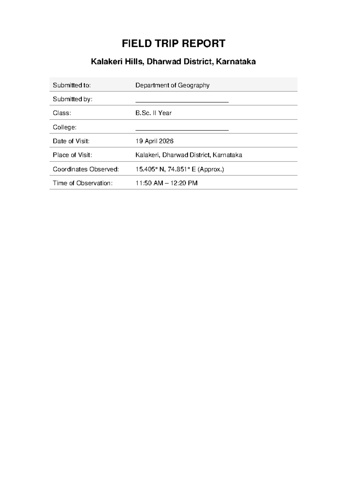 B.Sc. II Year Geography Field Trip Report: Kalakeri Hills - Studocu
