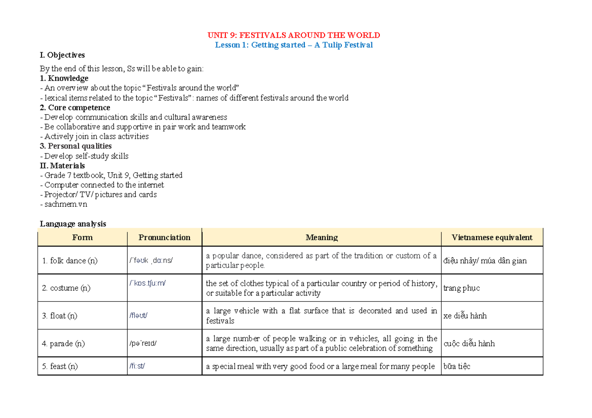 UNIT 9: FESTIVALS AROUND THE WORLD Lesson Plans for Grade 7 - Studocu