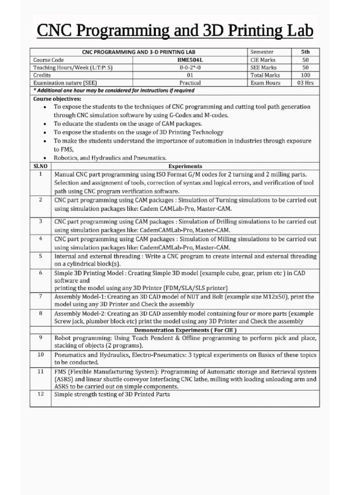 CNC Programming and 3D Printing Lab Manual - BME504L - Studocu