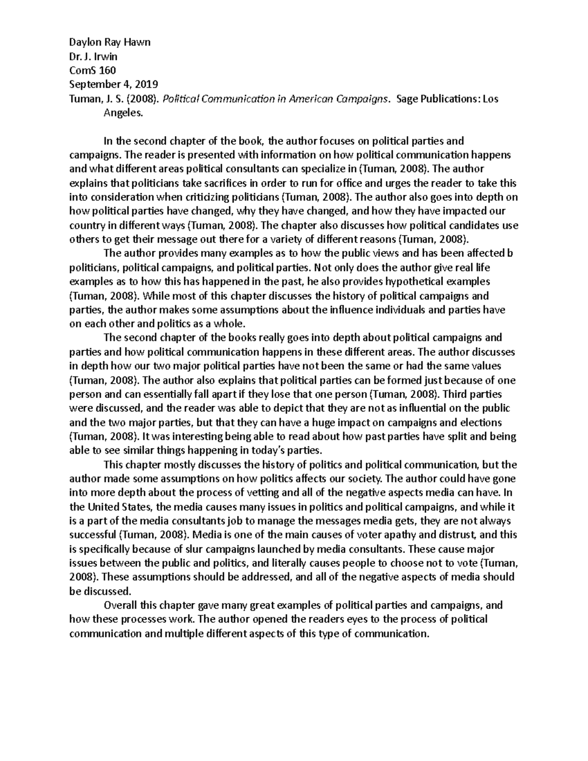Tuman Chap 2 - Given reading, summary and critique, Dr. Irwin - Daylon ...