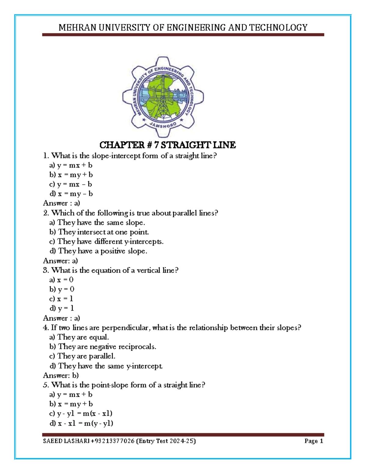 MUET Chapter 7 Straight Line: 30 MCQs for Practice - Studocu