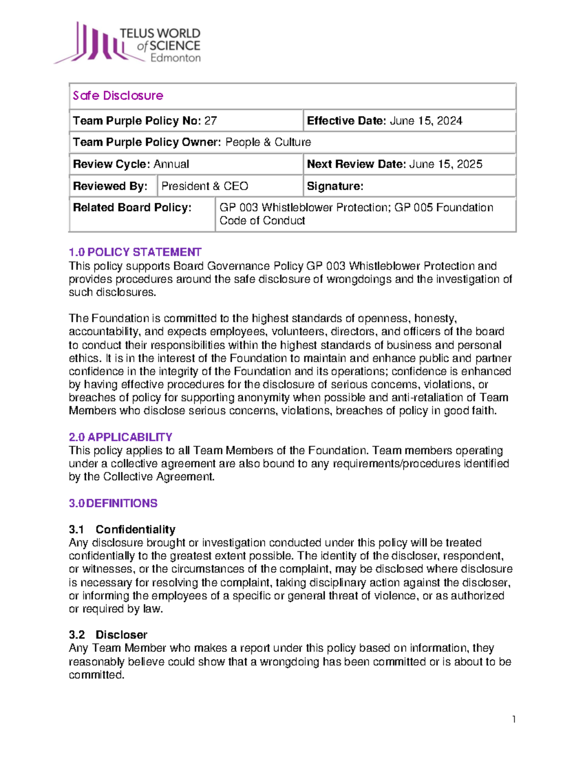 Team Purple Policy No. 27: Safe Disclosure Procedures and Guidelines ...