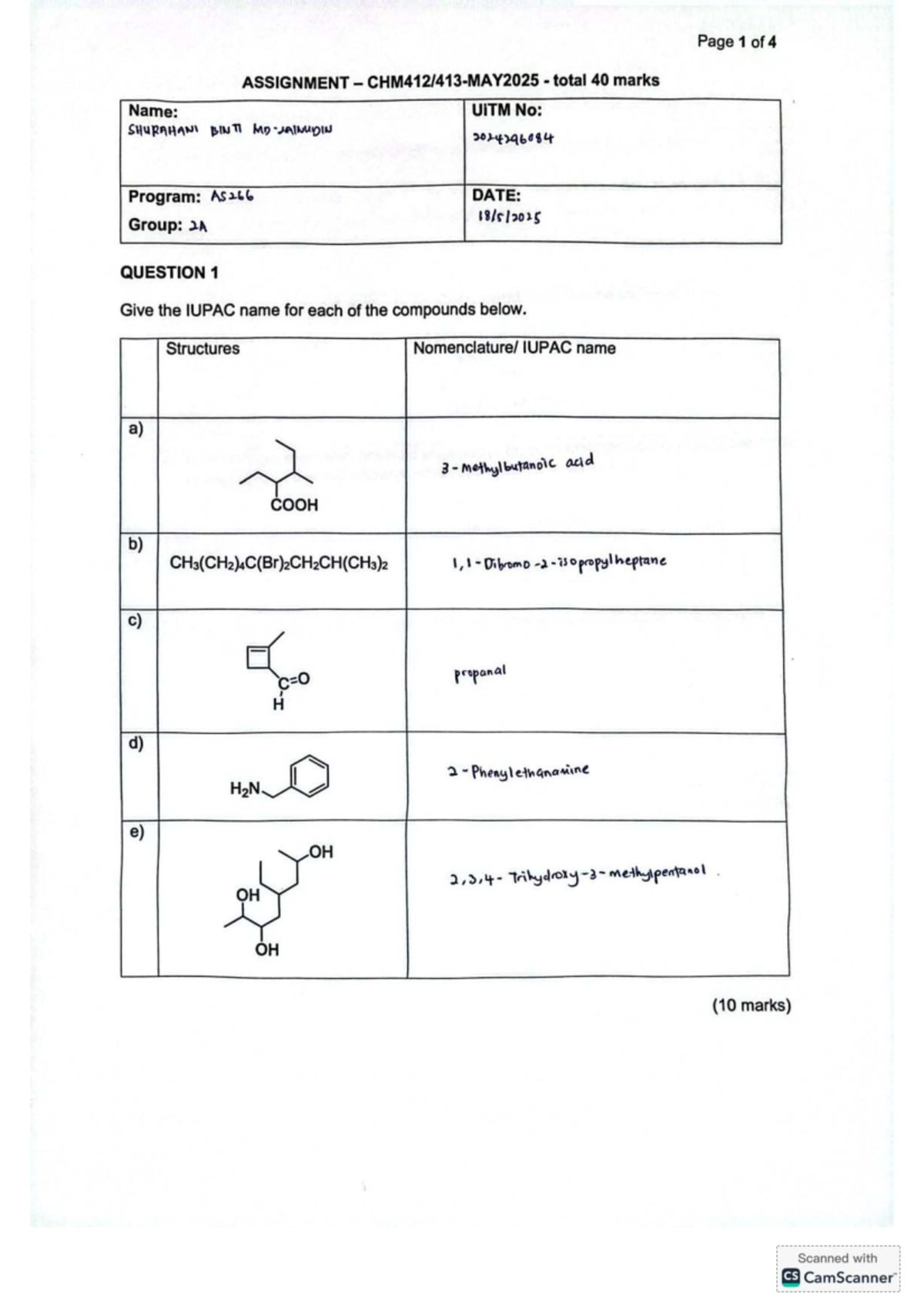 AS2662A Assignment: Organic Chemistry Structures & IUPAC Naming - Studocu