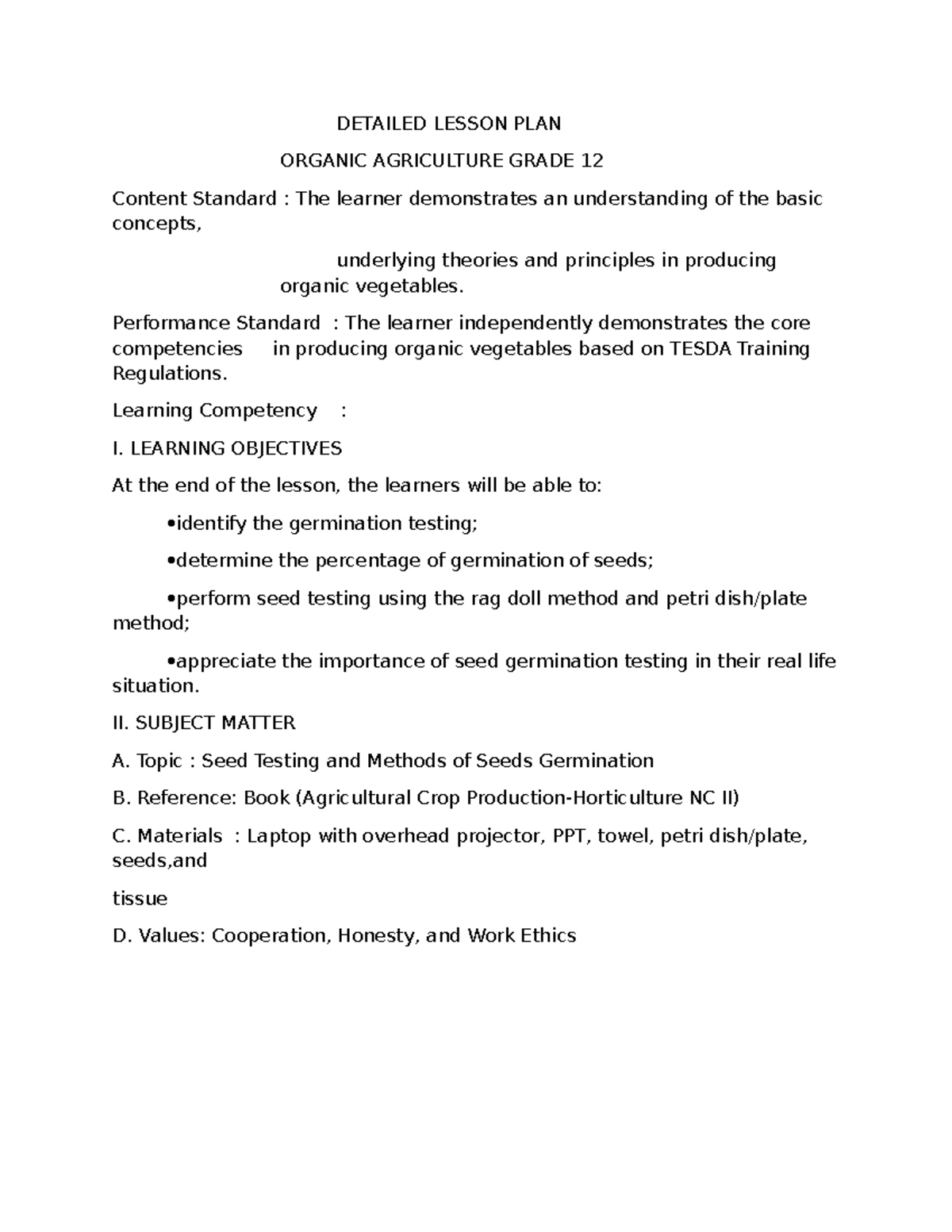 Detailed Lesson Plan: Methods of Seed Germination (Org Agri Grade 12 ...