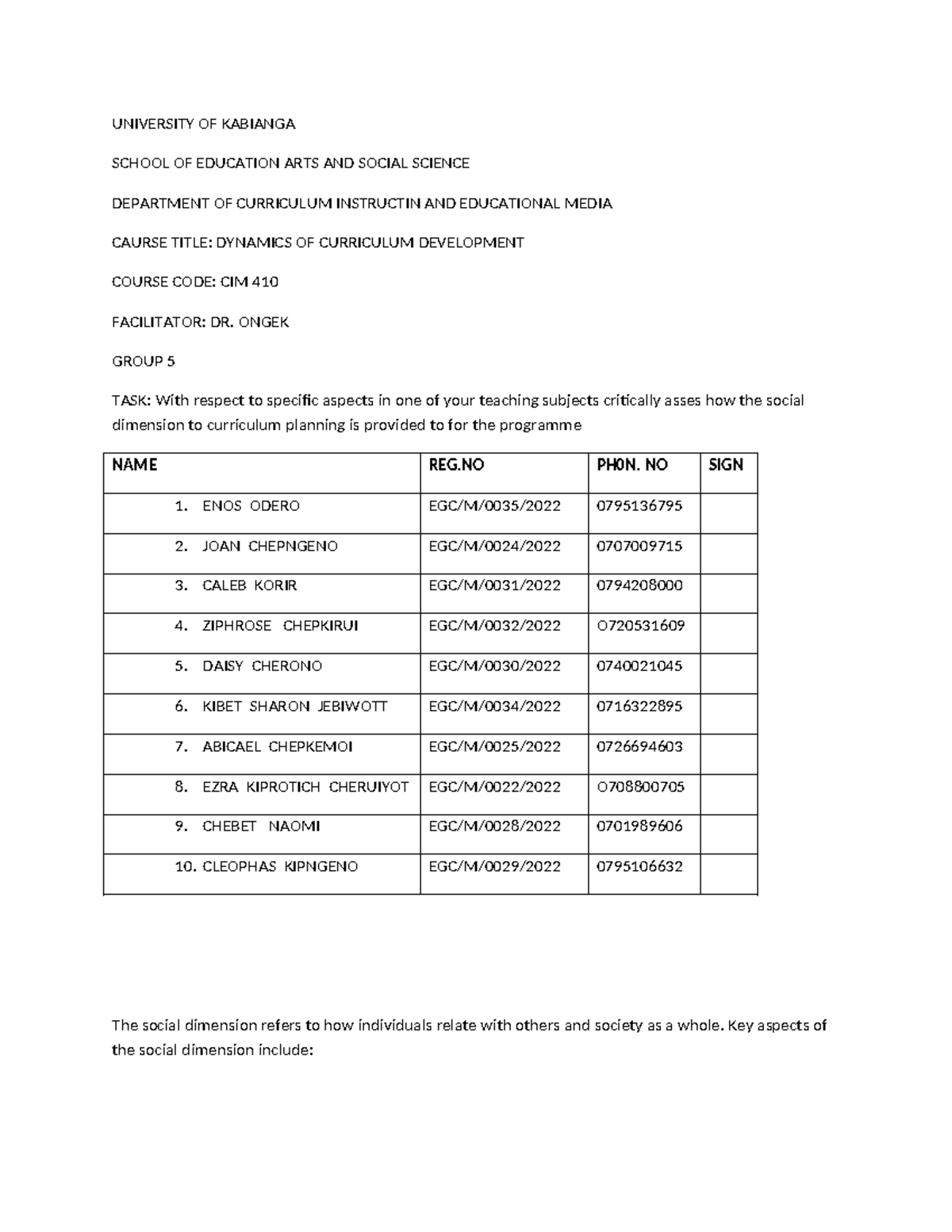 CIM 410: Critical Assessment of Social Dimensions in Curriculum ...
