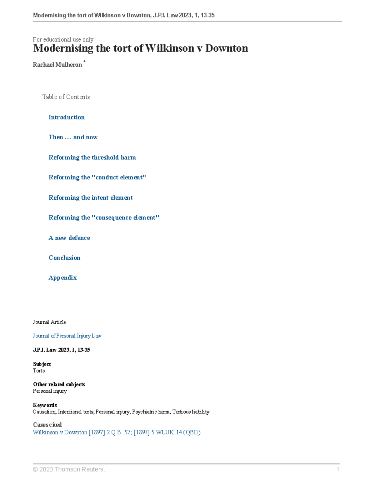 Reforming the Tort of Wilkinson v Downton: A Modern Perspective on ...