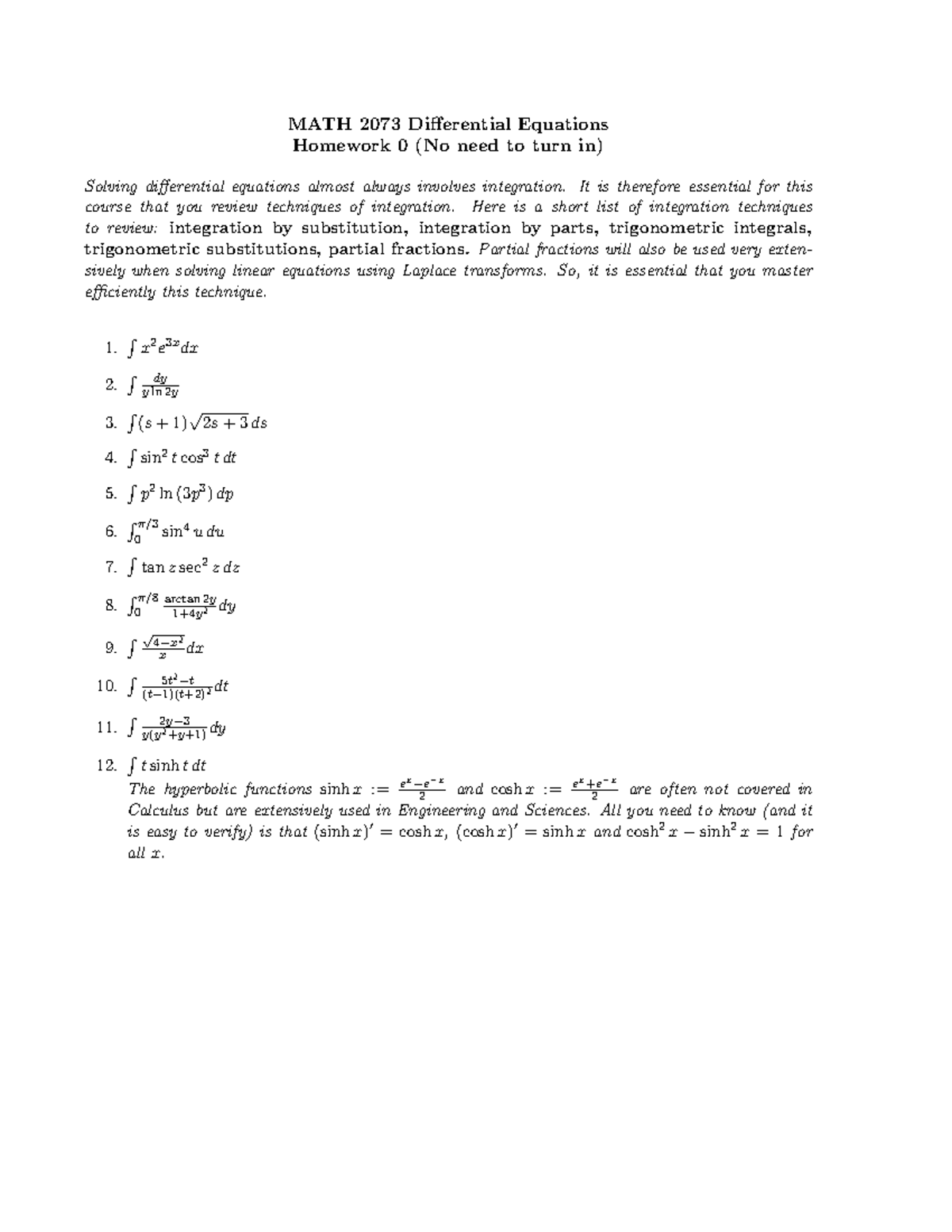 MATH 2073 Differential Equations HW0: Integration Techniques Review ...
