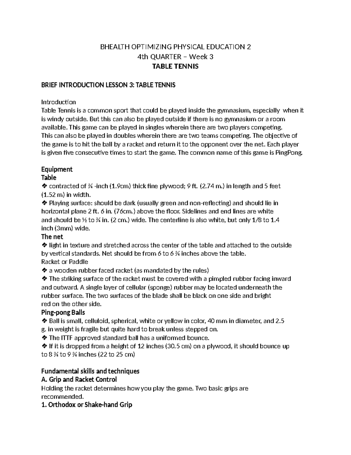 BHEALTH OPTIMIZING PHYSICAL EDUCATION 2: Week 3 Table Tennis Lesson ...