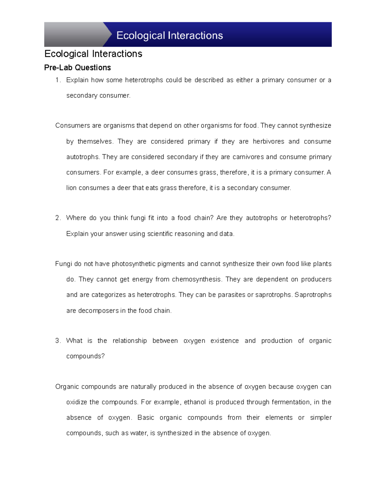 Ecological Interactions Pre-Lab Questions for Bio 101 Study Guide - Studocu