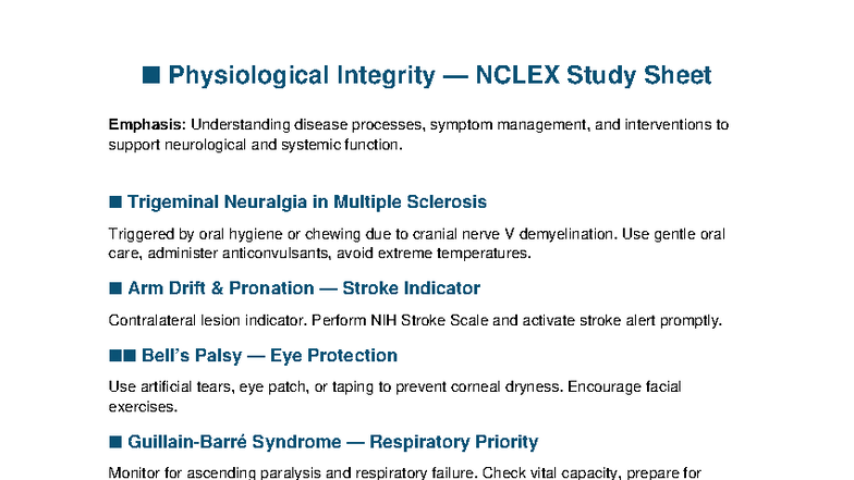 Physiological Integrity NCLEX Study Sheet: Key Concepts & Interventions ...