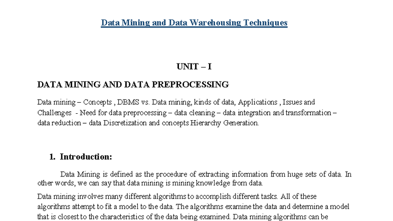 Data Mining and Data Warehousing Techniques: Unit I Overview - Studocu