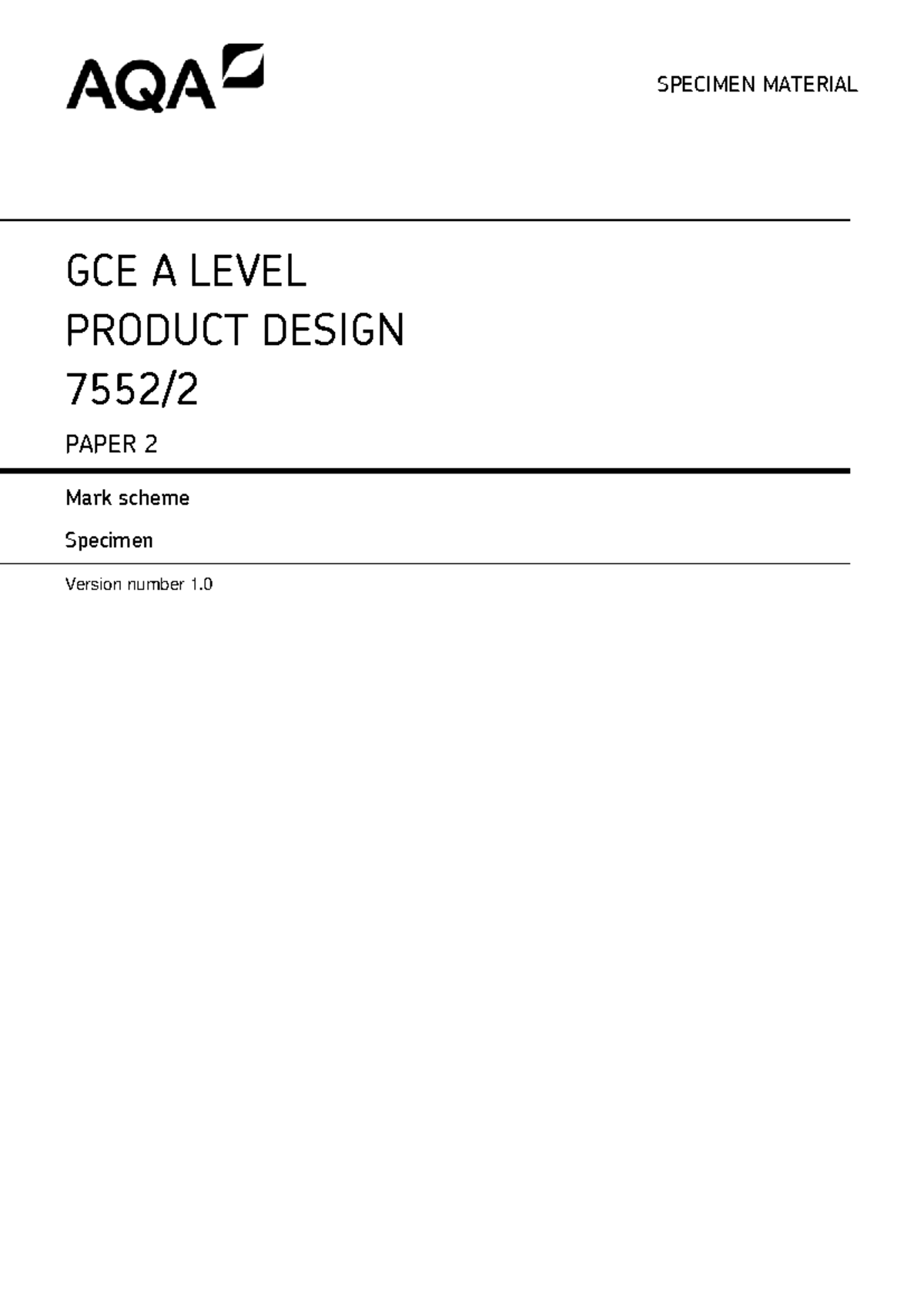 AQA 75522 Specimen Mark Scheme for A Level Product Design Paper 2 - Studocu