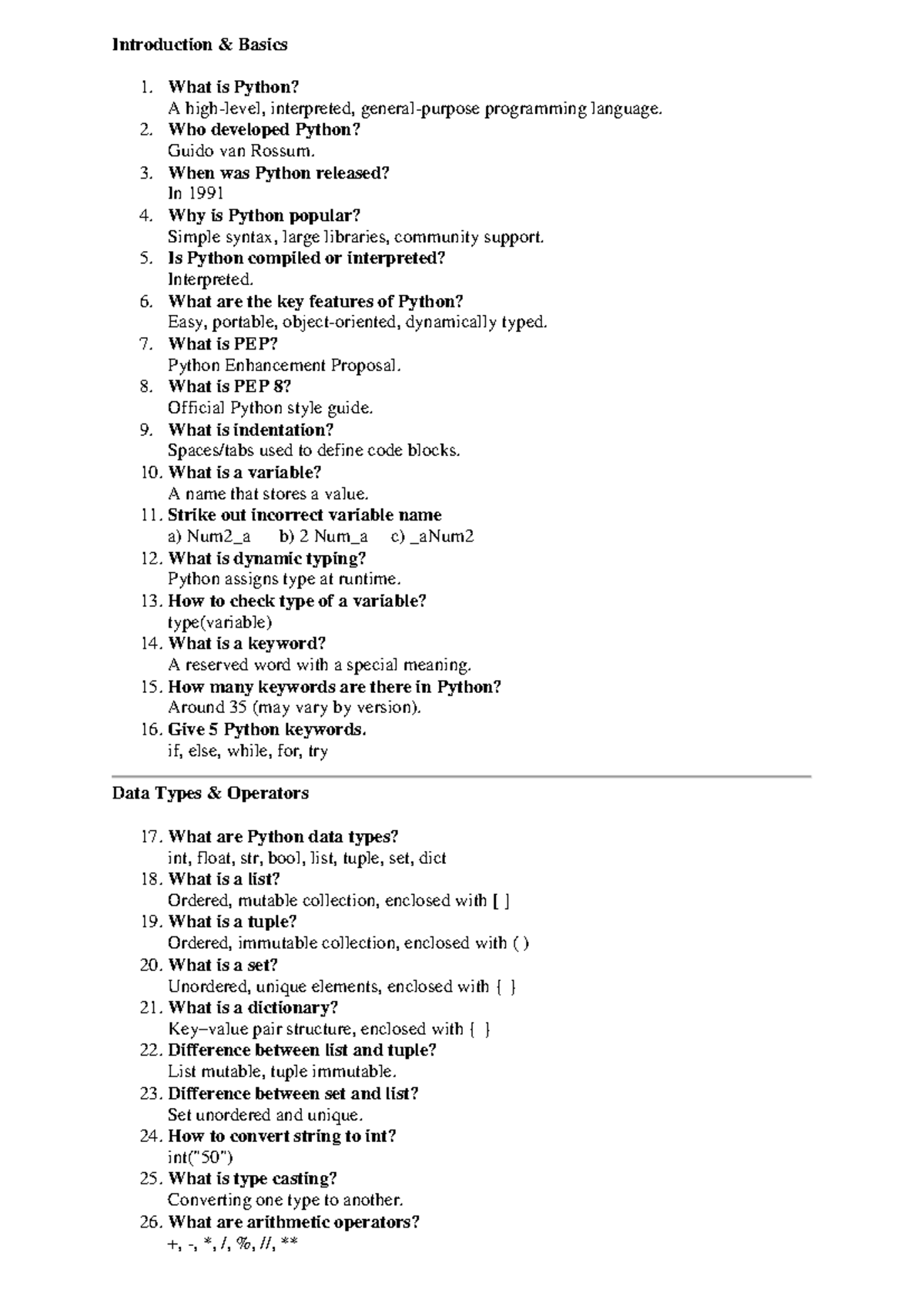 Basic Python Viva Questions and Answers (CS101) - Studocu