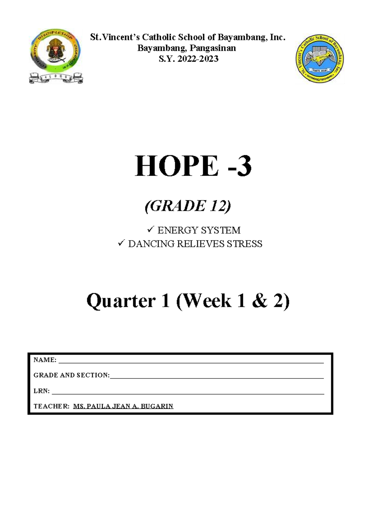 PE III GRADE 12 1ST SEM QUARTER I: ENERGY SYSTEM & DANCE STRESS RELIEF ...