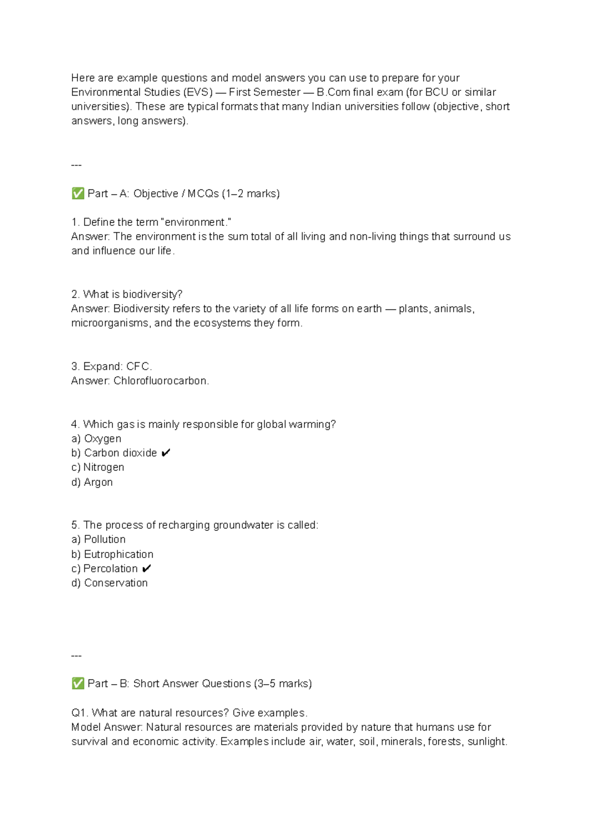 EVS B.Com 1st Sem Final Exam Prep: Model Q&A & Study Tips - Studocu