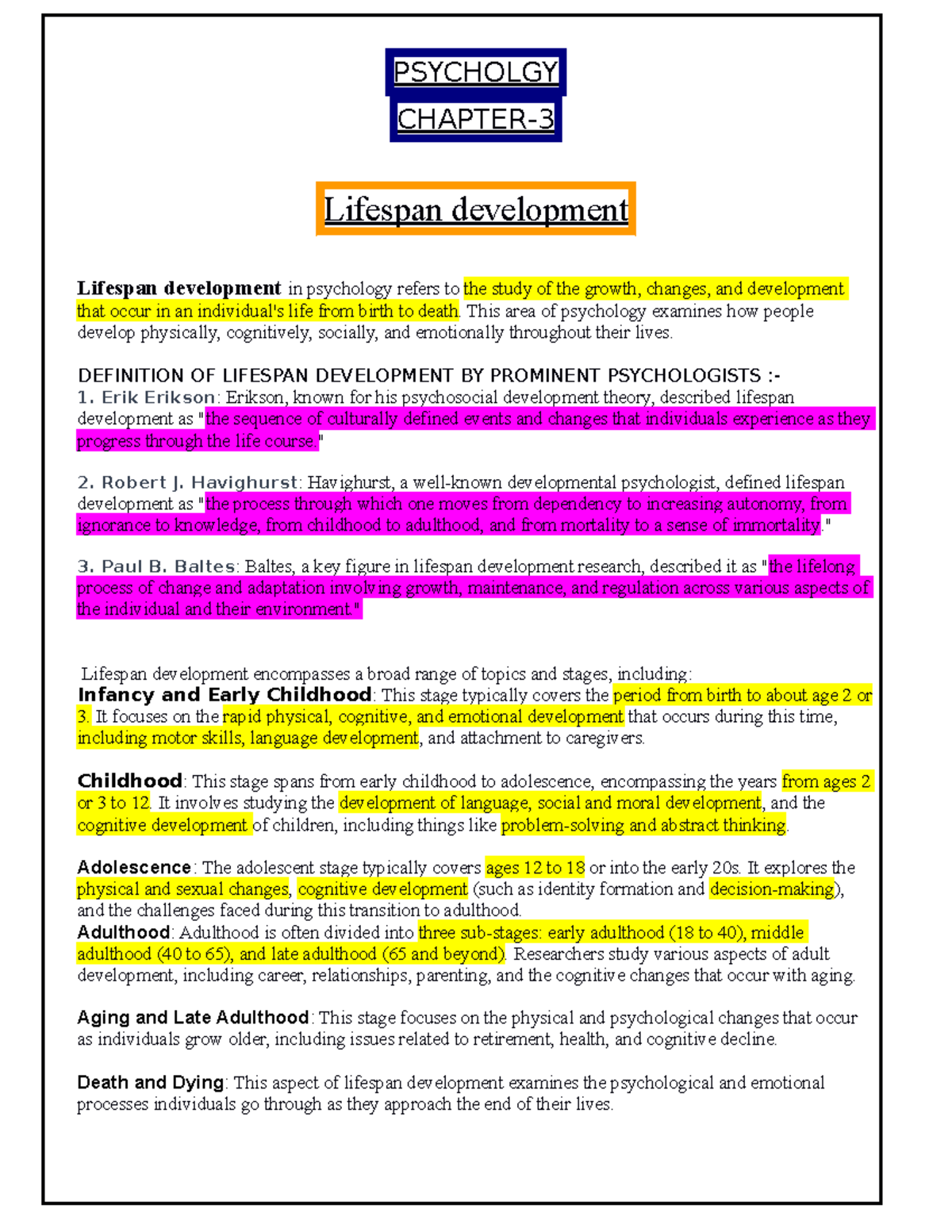 Psychology Chapter 3: Lifespan Development Insights & Concepts - Studocu