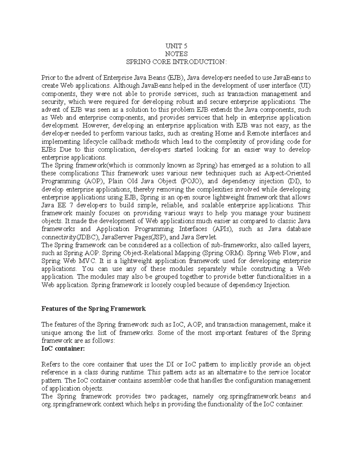 UNIT 5 NOTES: SPRING FRAMEWORK OVERVIEW AND FEATURES - Studocu