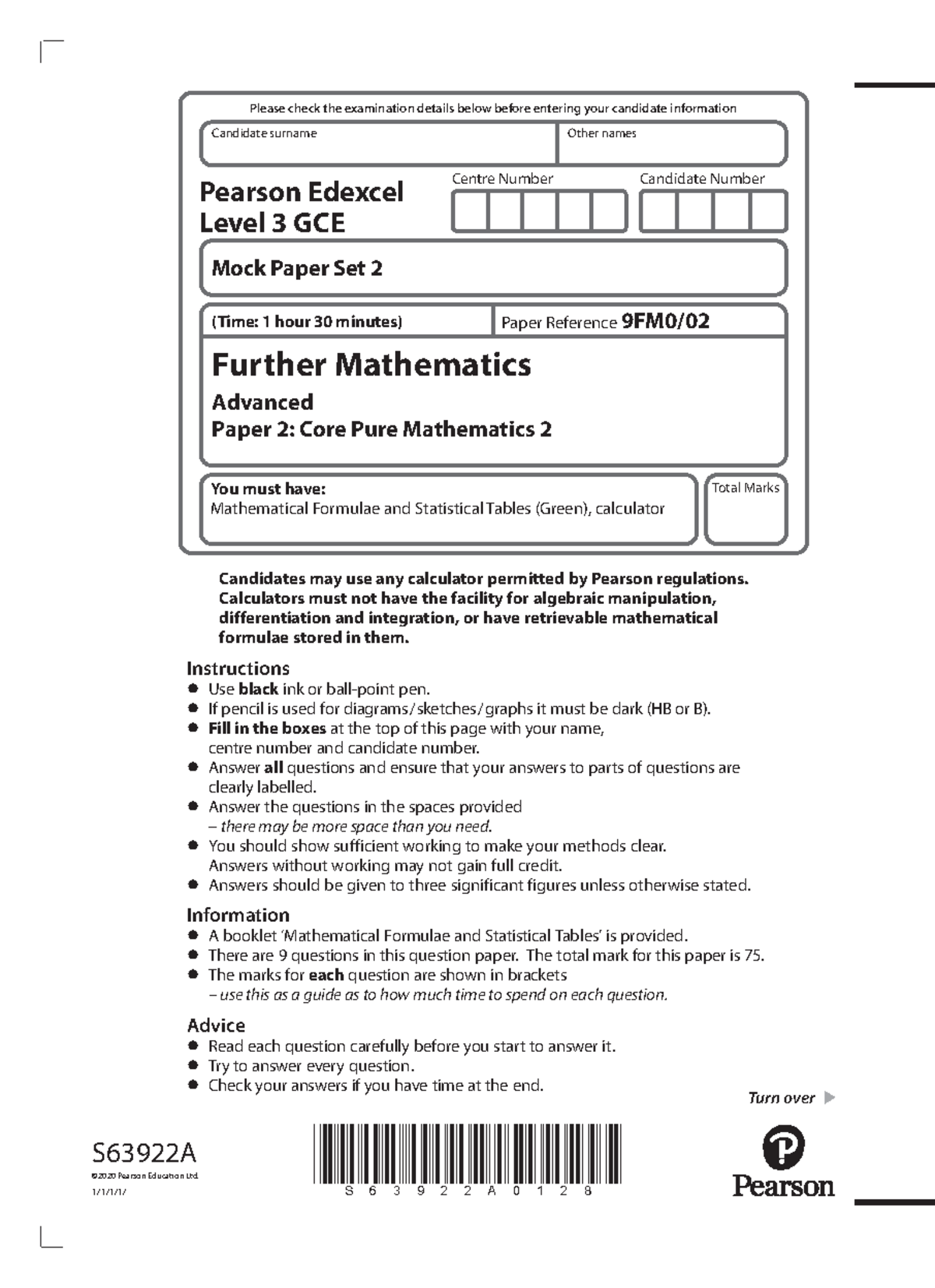 9FM0-02 Core Pure 2 - Further Mathematics Mock Paper Set 2 - Studocu