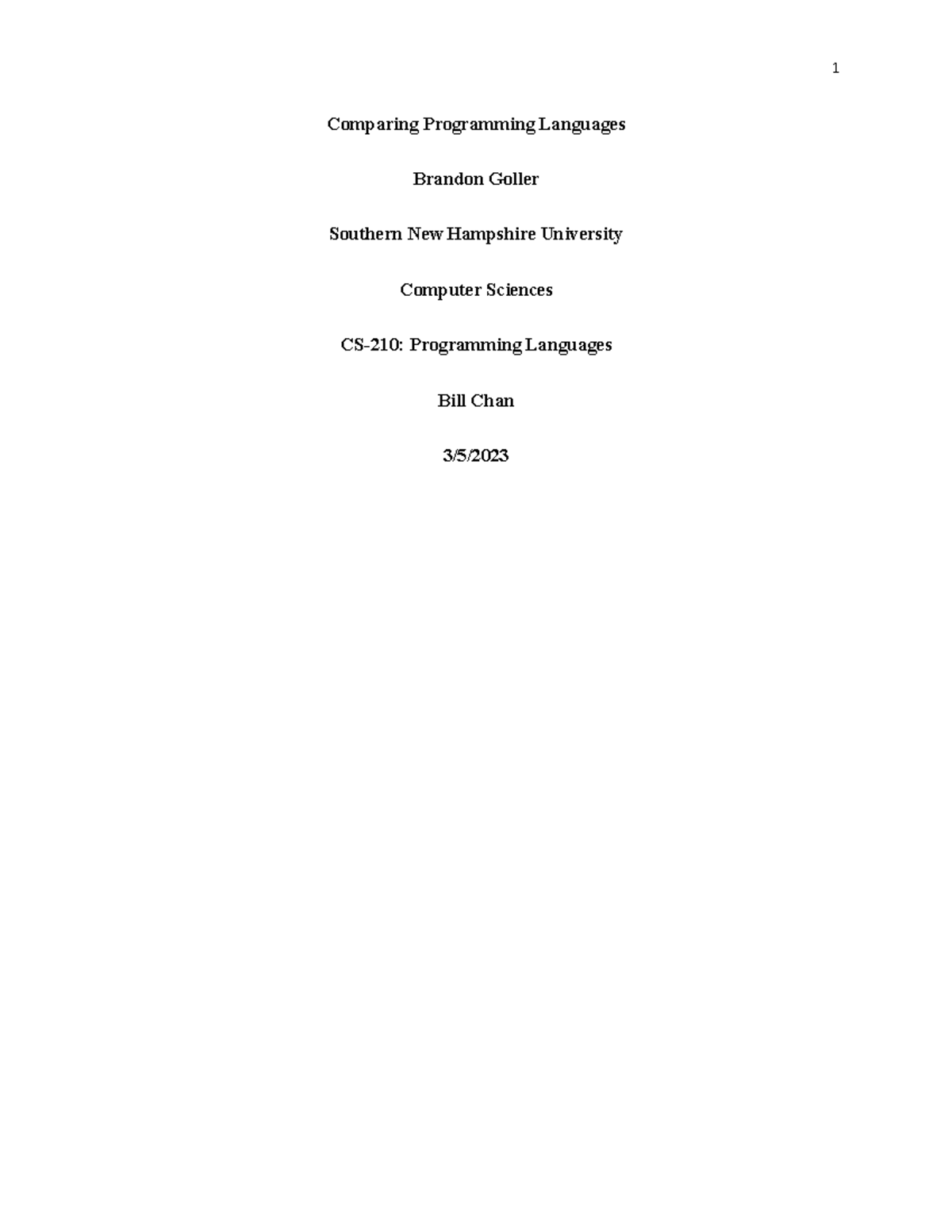 Comparing Programming Languages 1 Comparing Programming Languages