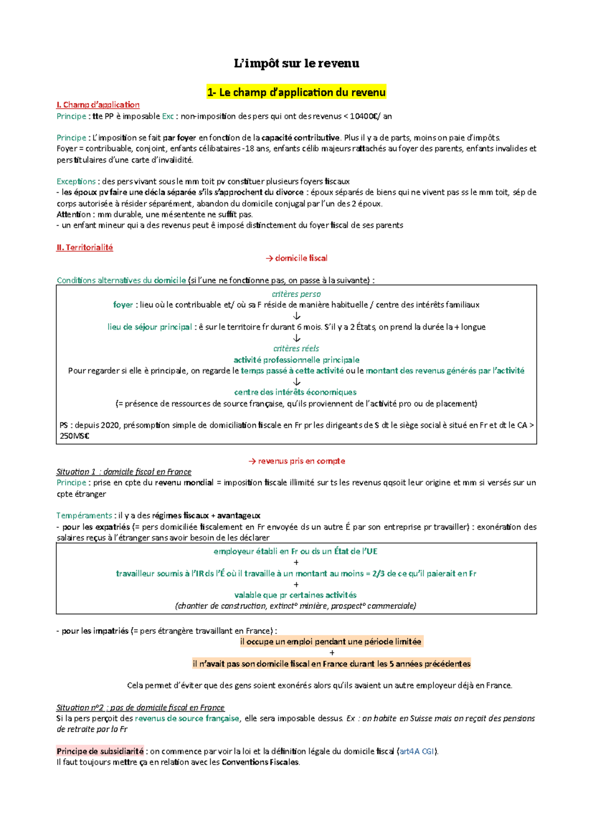 Fiche IRPP - Résumé Droit fiscal - 1- Le champ d’application du revenu ...