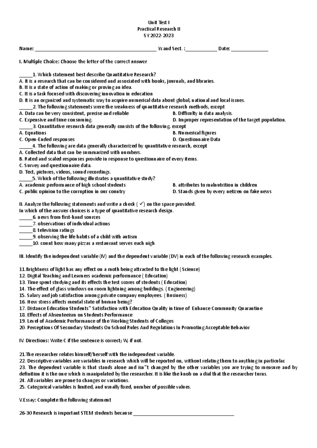 Unit Test I: Practical Research II - Multiple Choice and Essay ...