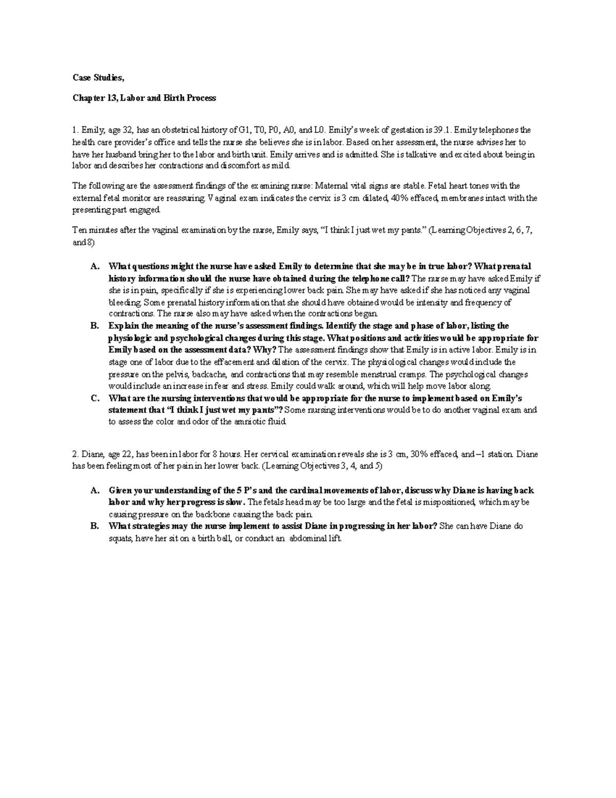 EMT 330 Case Study: Emily's Labor Assessment and Nursing Interventions ...