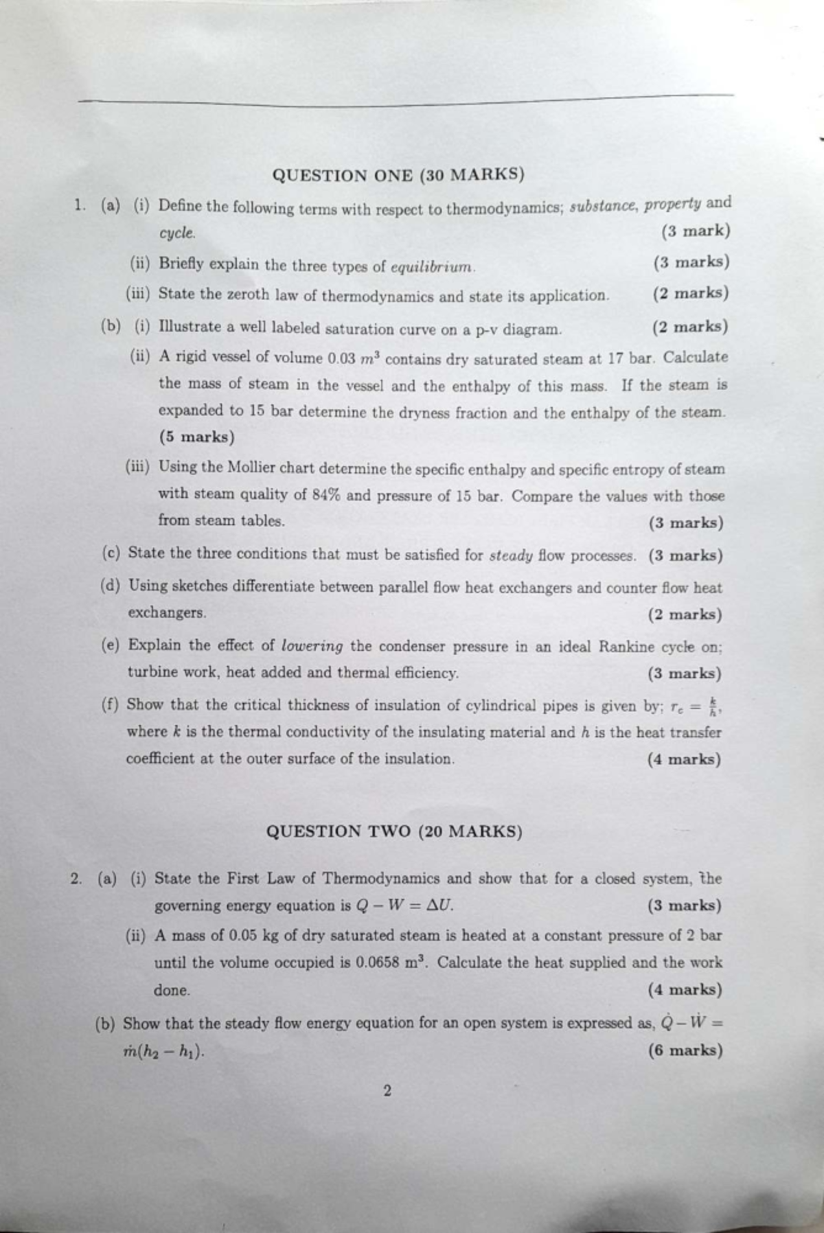 Thermodynamics Exam (ENGR 301): Comprehensive Review Questions - Studocu