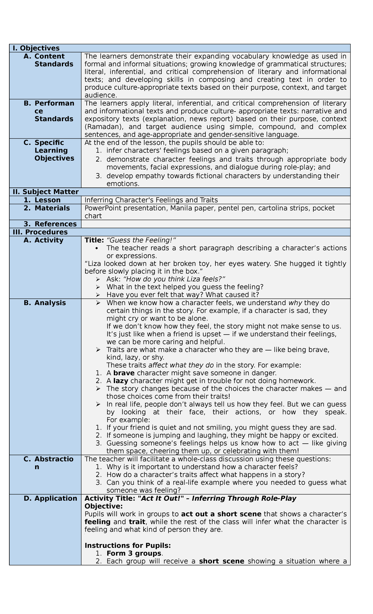 4A Semi-Detailed Lesson Plan in English 5: Inferring Character's ...