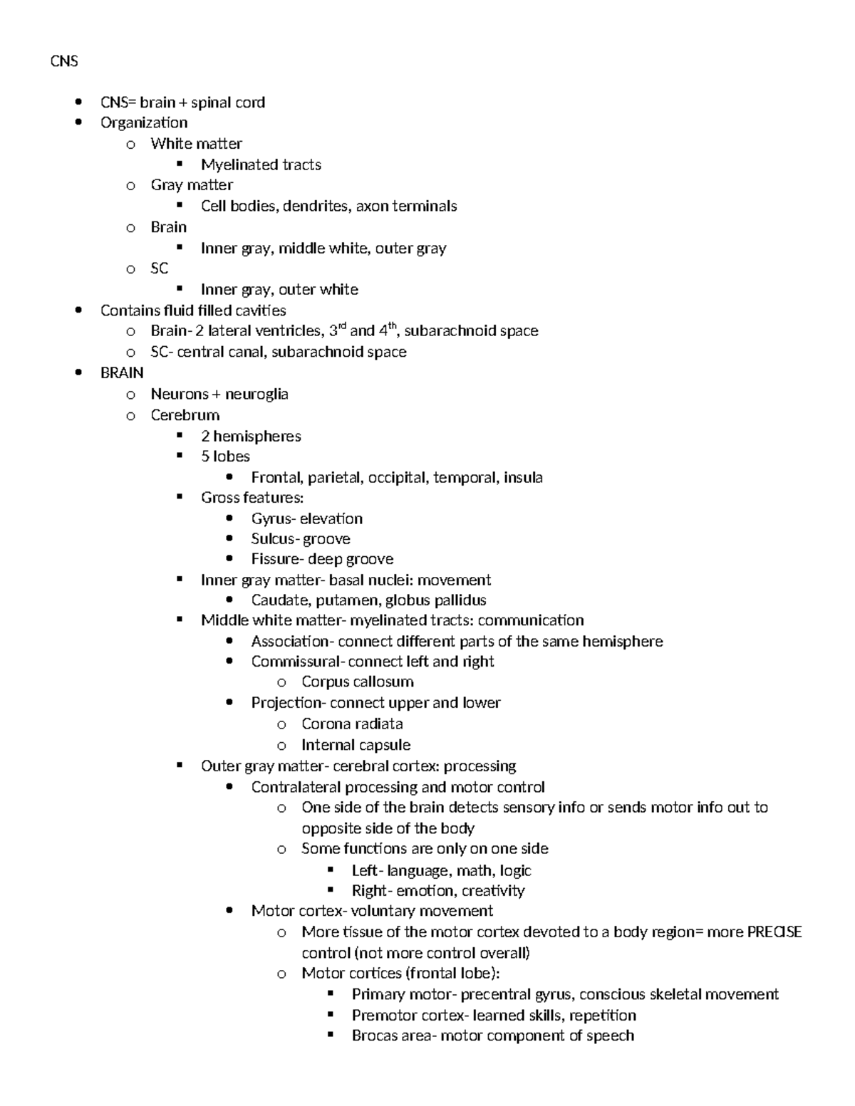 CNS Outline - notes - CNS CNS= brain + spinal cord Organization o White ...